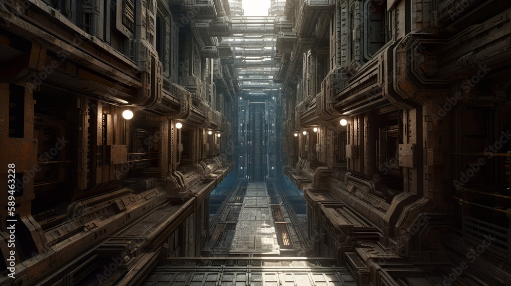 Futuristic dark sci-fi spaceship corridors and interior with led lamps ...