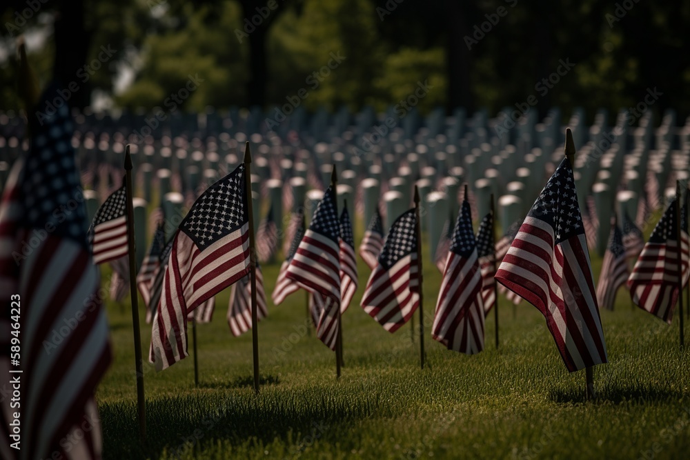A somber scene of small American flags placed alongside tombstones at ...