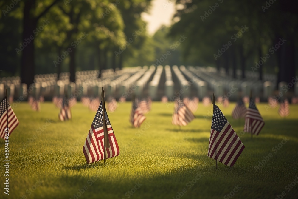 A somber scene of small American flags placed alongside tombstones at ...