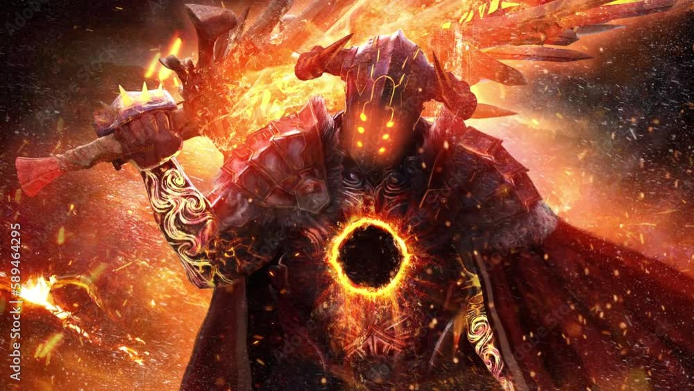 fire demon in heavy plate armor with a huge lava sword consisting of a ...