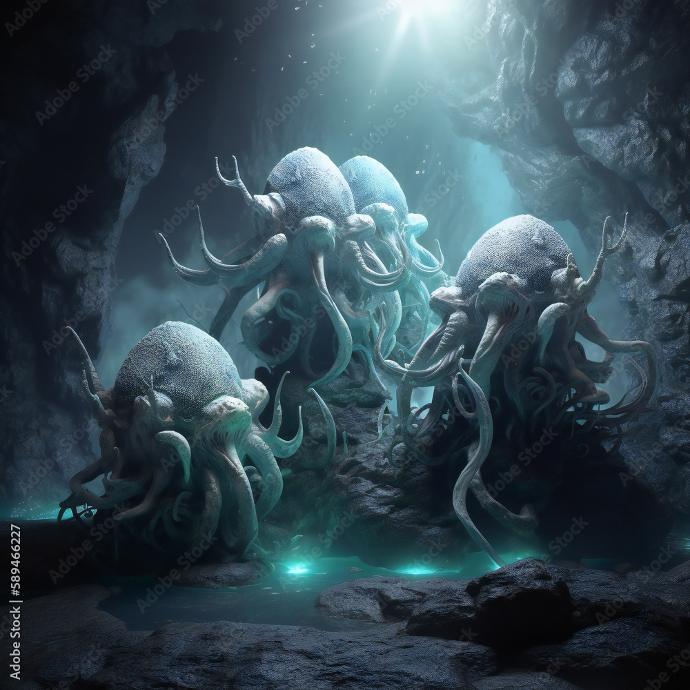 Hydra Heads in Growth Stages, Mystical Crystal Cavern, 3D Render ...