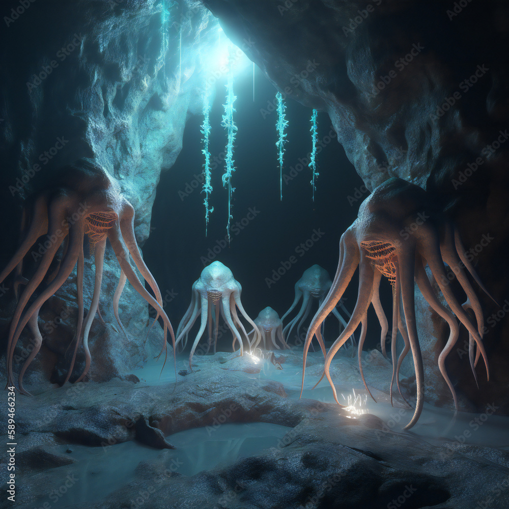 Hydra Heads in Growth Stages, Mystical Crystal Cavern, 3D Render ...