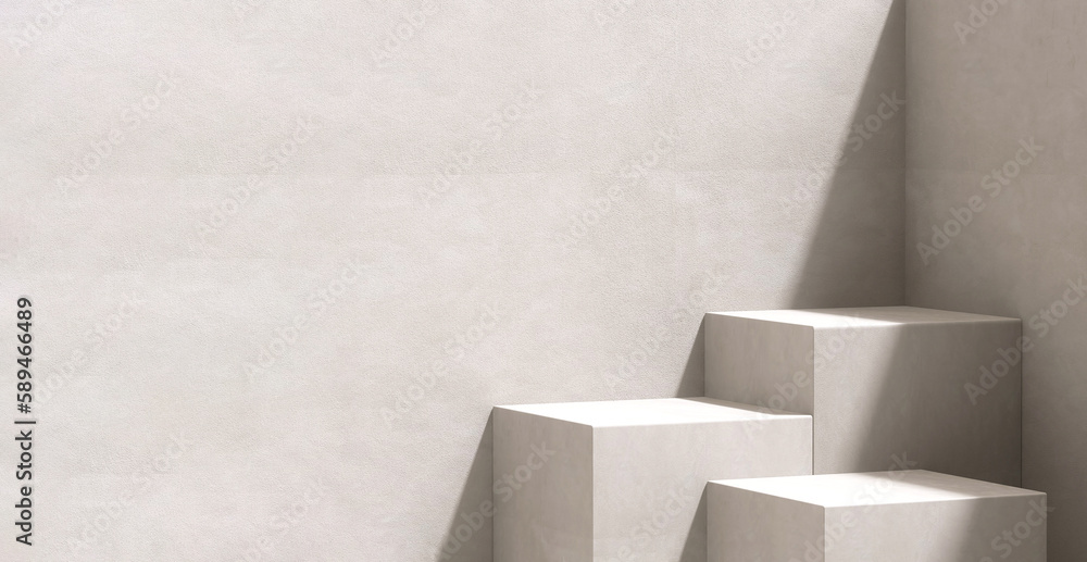 Three square geometric design step concrete podium in sunlight, shadow ...