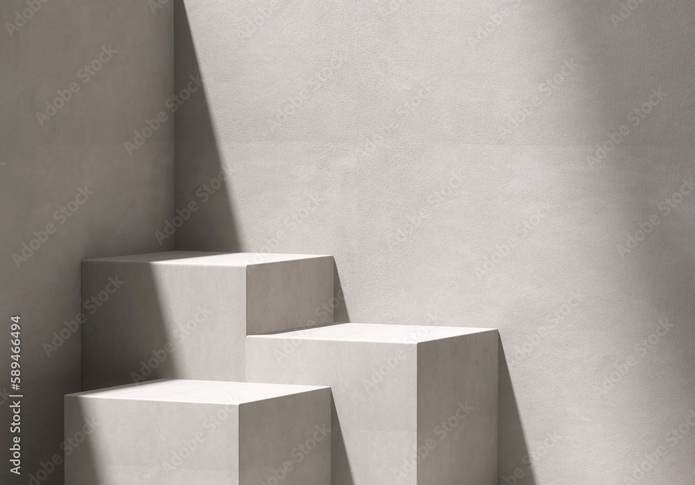 Three square geometric design step concrete podium in sunlight, shadow ...