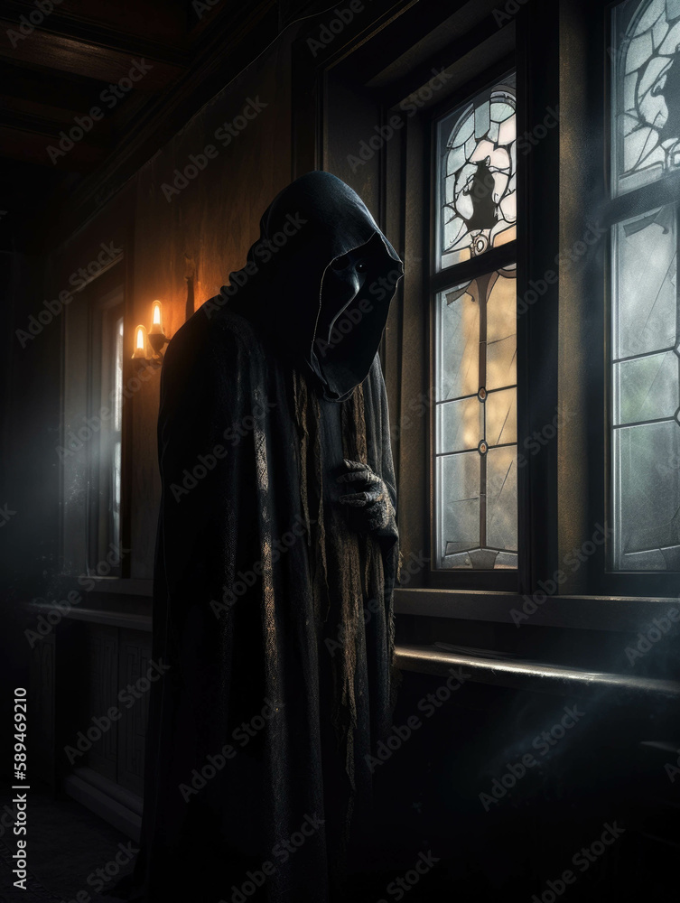 A tall blackrobed figure stares out of a window an eerie light ...