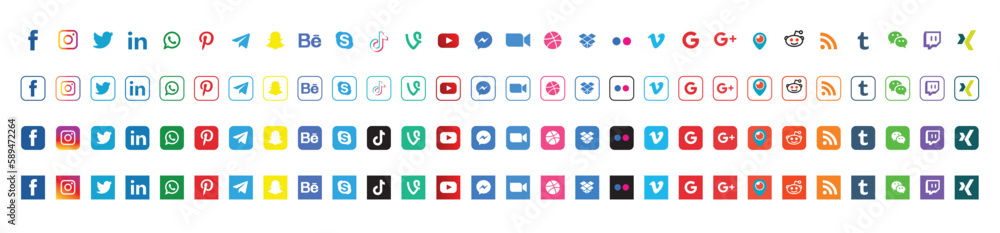 168 Social media rounded corner colour icons . Facebook, Instagram ...