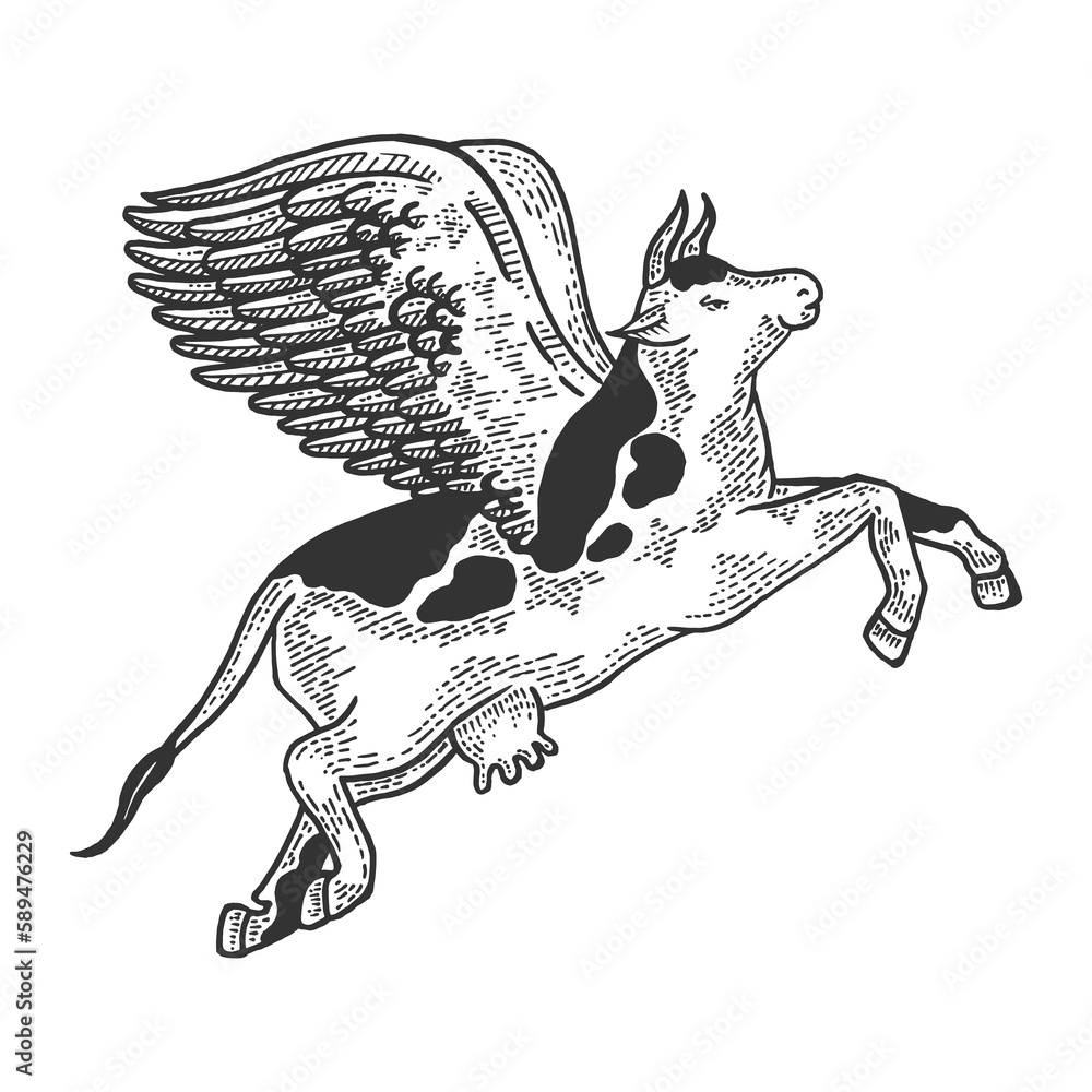 Flying cow farm animal engraving PNG illustration with transparent ...