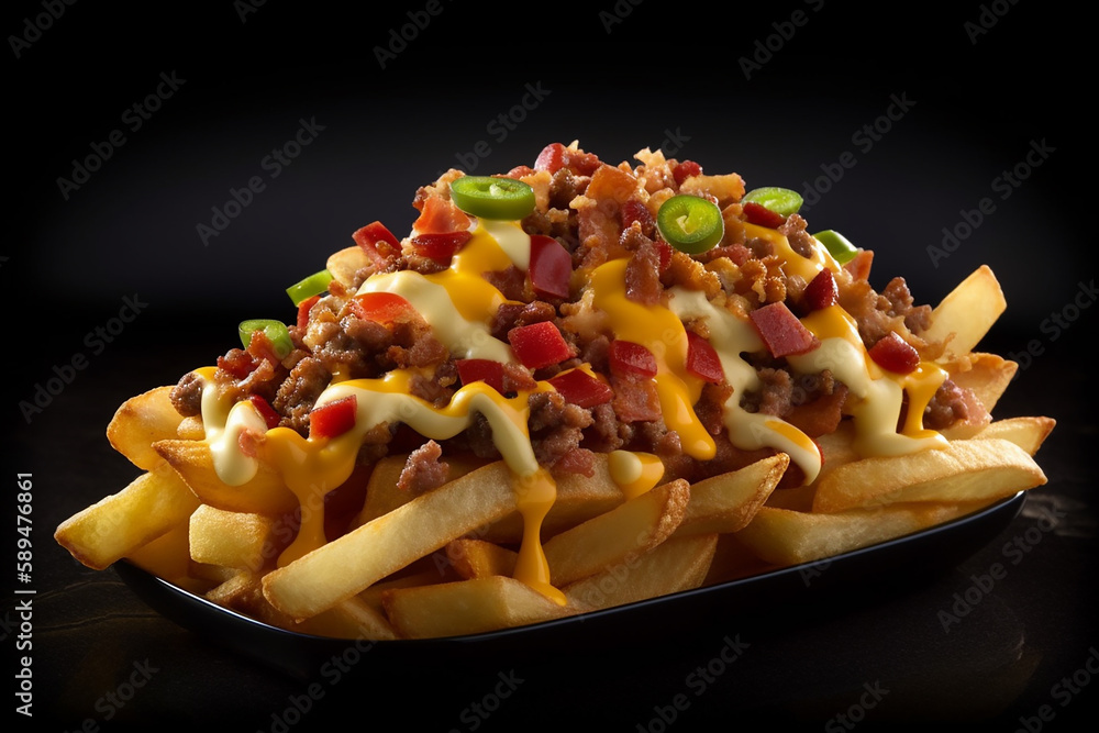 Loaded Fries with chili cheese and bacon. Food Product Photography generative AI technology ...