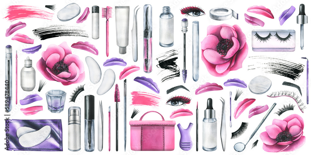 A large set of equipment and working tools for the master of eyelash ...