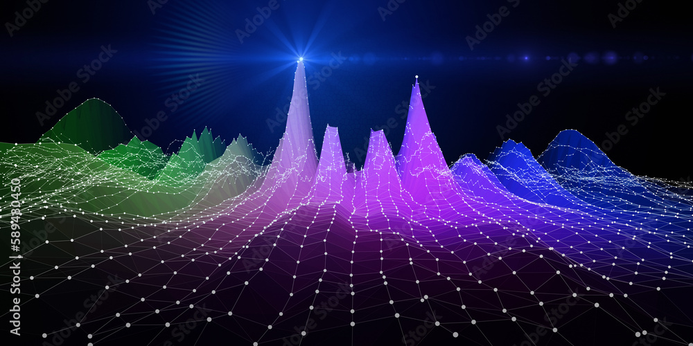 Abstract background data graph from dots and lines with star spot on black. Big Data. Technology ...