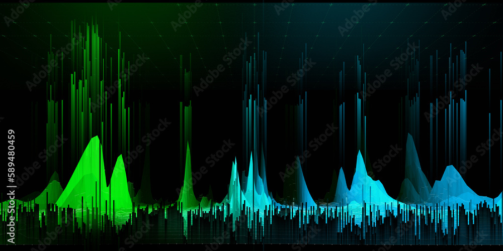 Abstract background with color graph wireframe and vertical lines on black. Technology concept ...