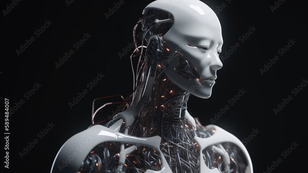 Robot artificial intelligence. The image of a robat woman with wires ...