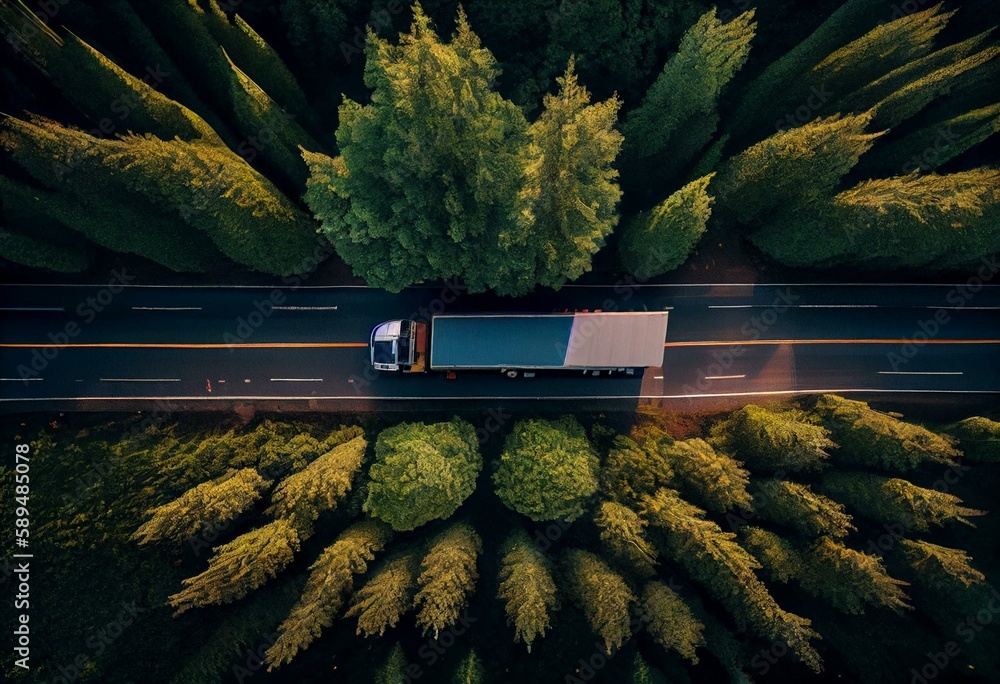 Aerial top view of a huge freight transporter semi truck travelling on ...
