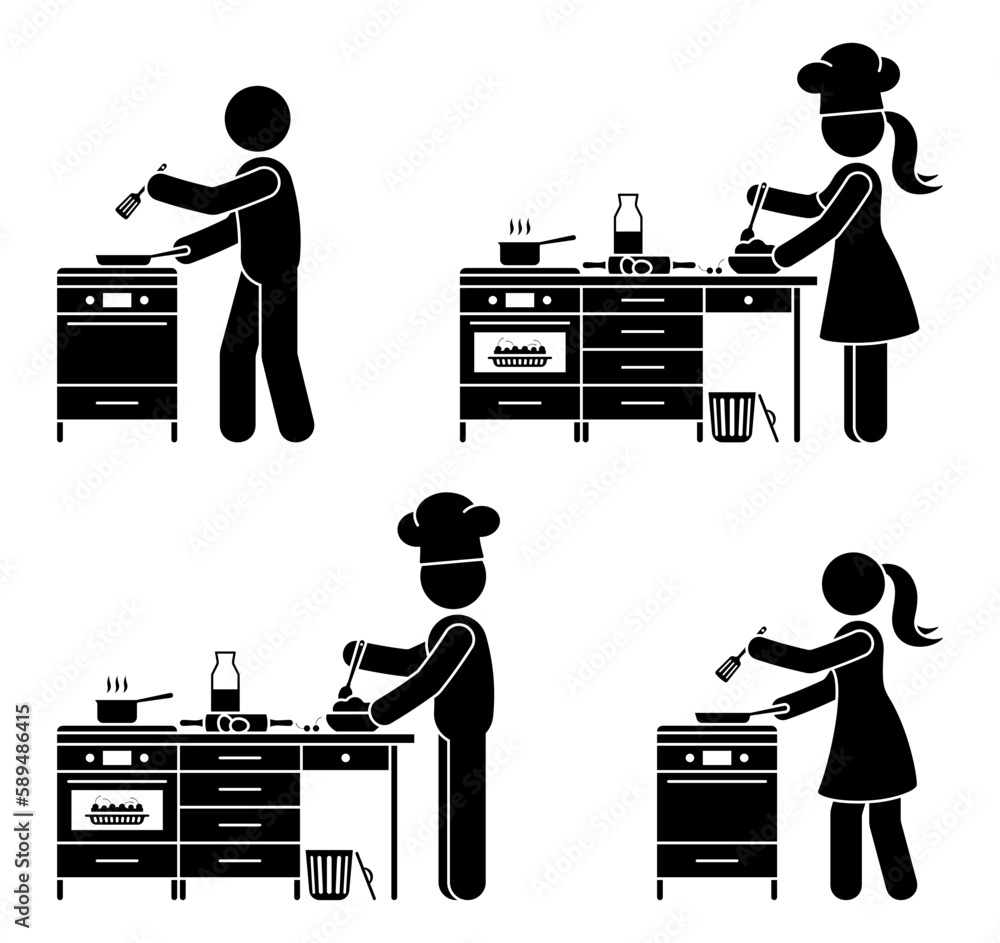 Stick figure chef cook man and woman baking pie vector illustration set ...