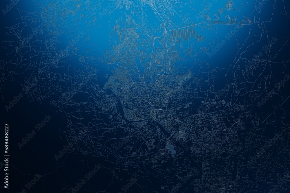 Street map of Dhaka (Bangladesh) engraved on blue metal background ...