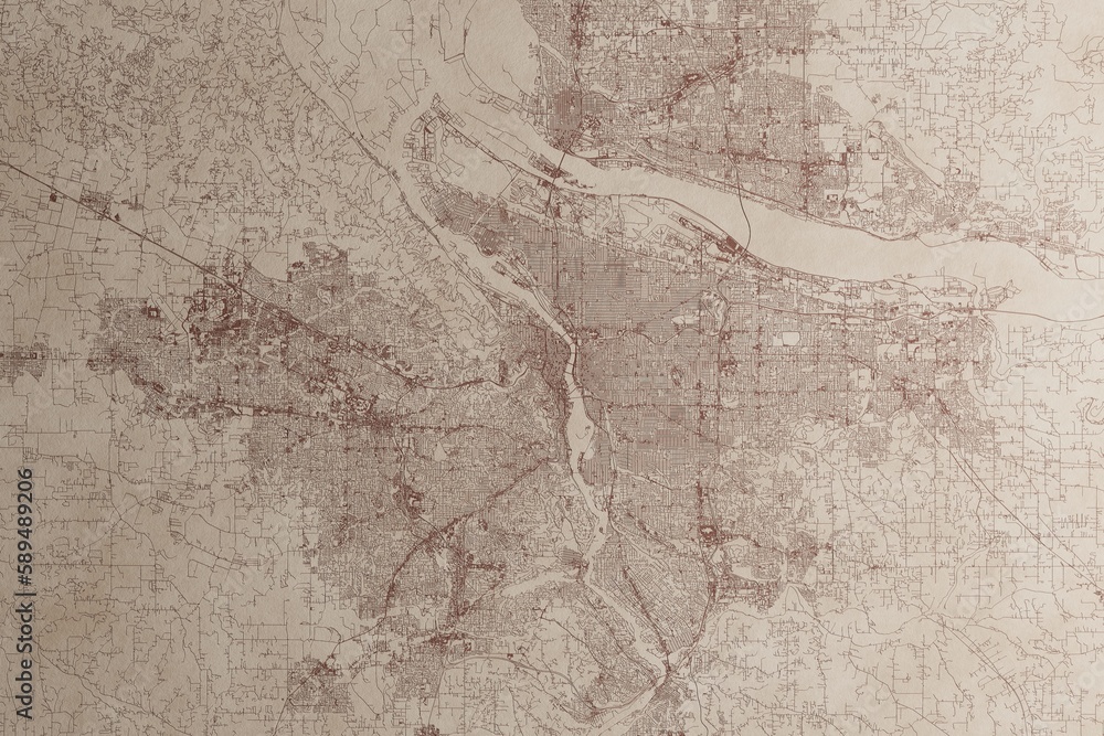 ภาพประกอบสต็อก Map of Portland (Oregon, USA) on an old vintage sheet of ...