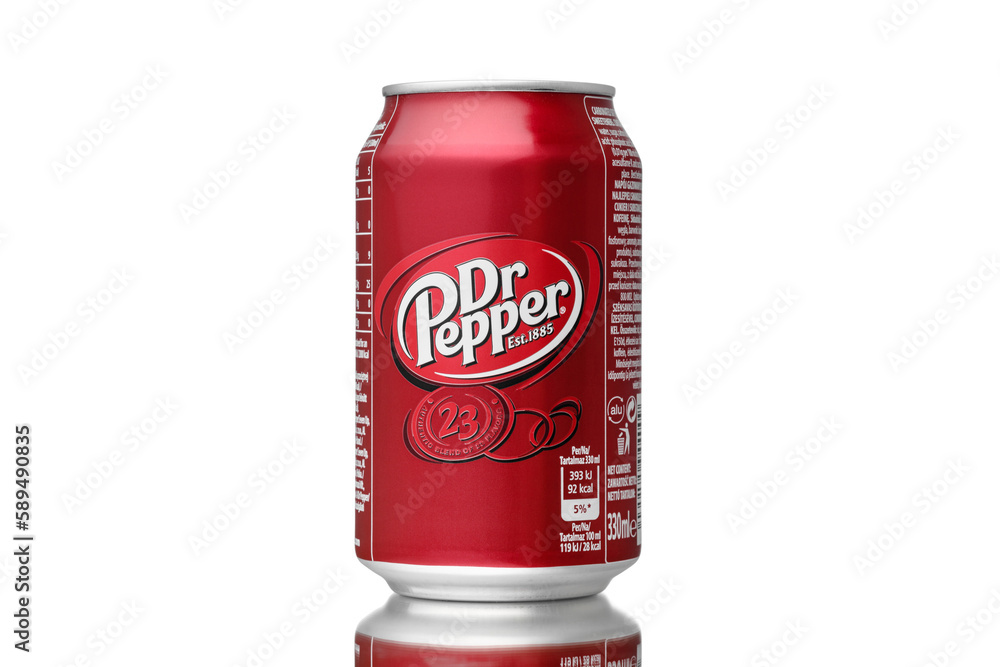 Can of Dr Pepper soft drink on a white isolated background. Dr.Pepper ...