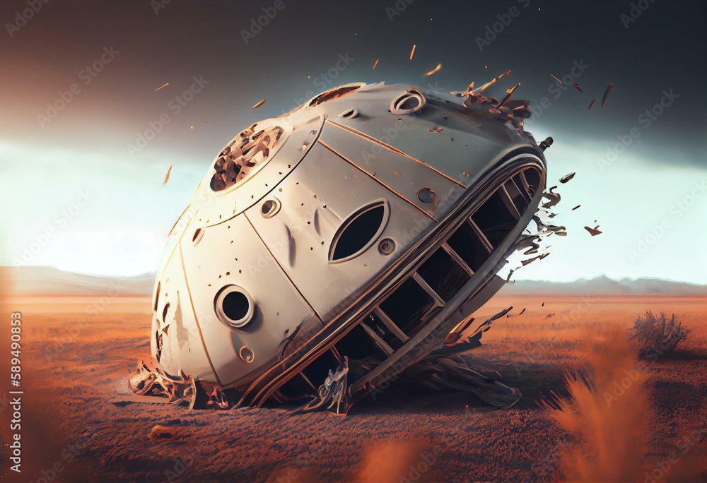 Artistic concept illustration of a crashed caucer, ufo, unknown object ...