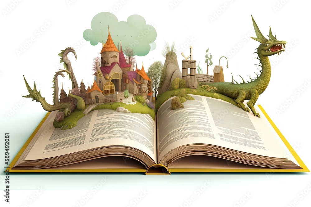 enchanted magic fairytale book with fantasy scene pop up on page, a ...