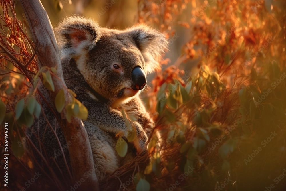 A sleepy koala, clinging to a eucalyptus tree in an Australian bush ...