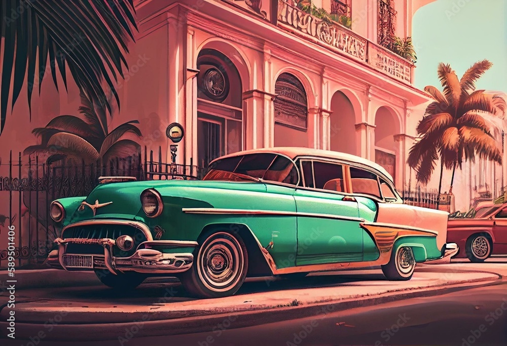 Digital poster illustration of vintage Cuban cars in the street. Exotic ...