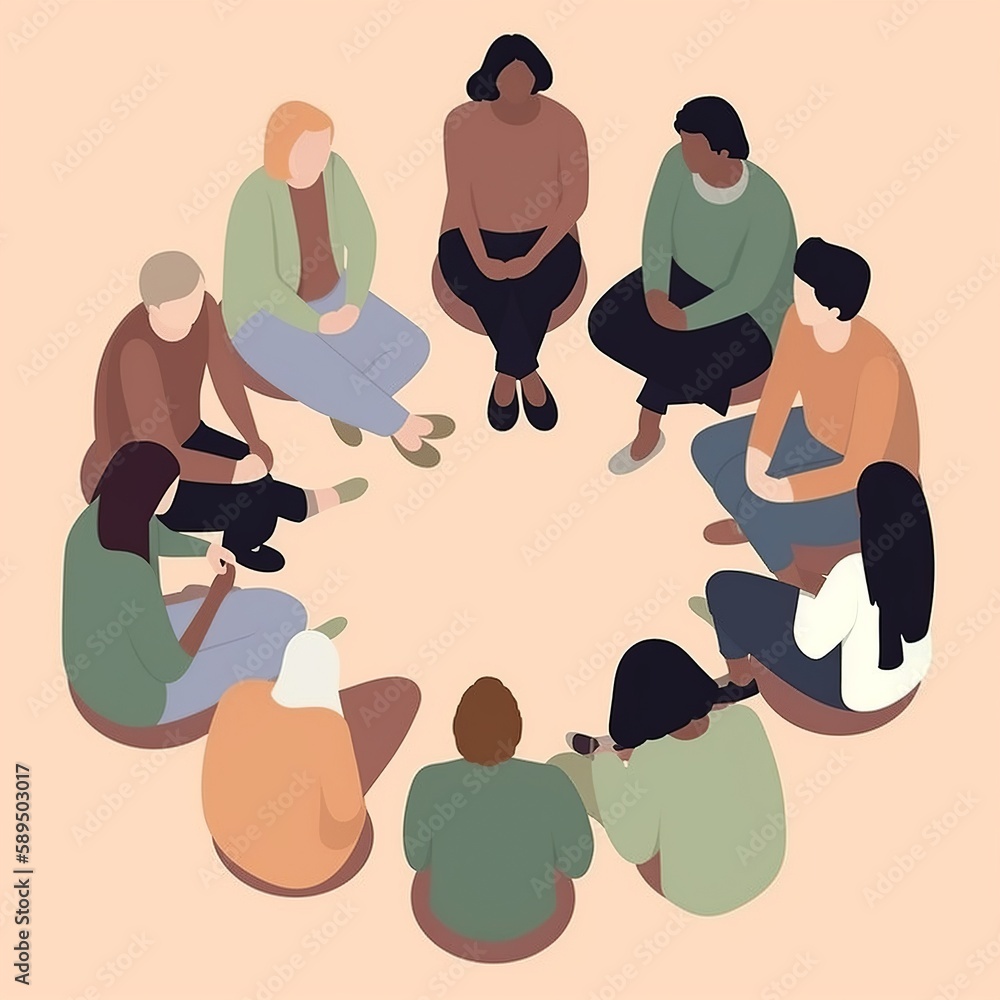 A simple flat illustration of a support group meeting, with diverse ...