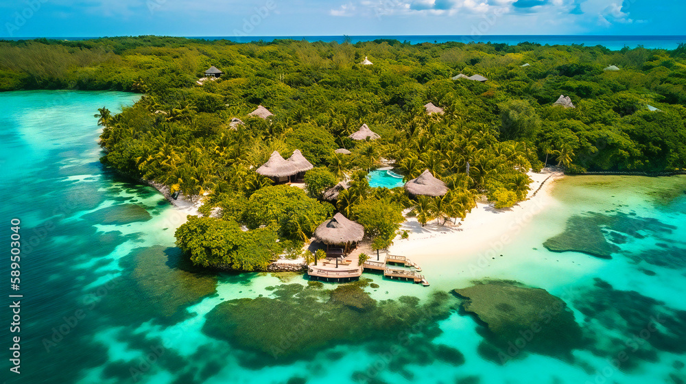 A glimpse of a luxurious island resort, nestled in the midst of lush ...