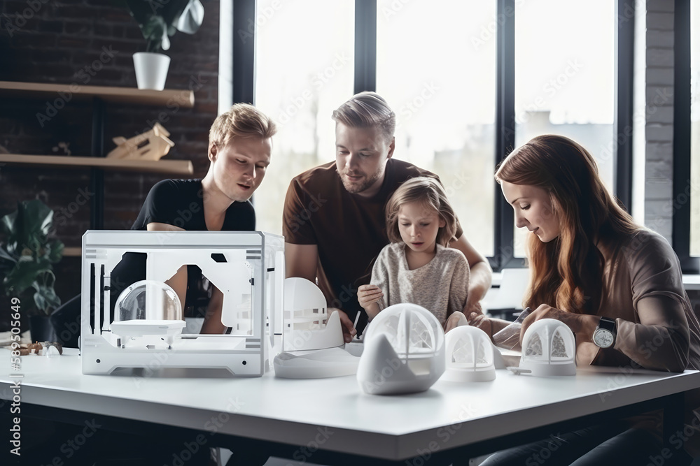 young parents with their children using a 3d printer at modern home ...