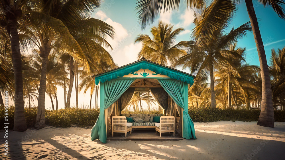 A charming image of a lavish beach cabana set against a picturesque ...