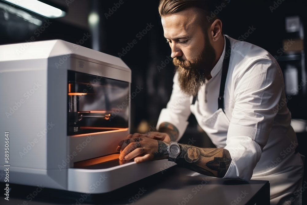 Serious professional bearded male chef in white uniform preparing ...