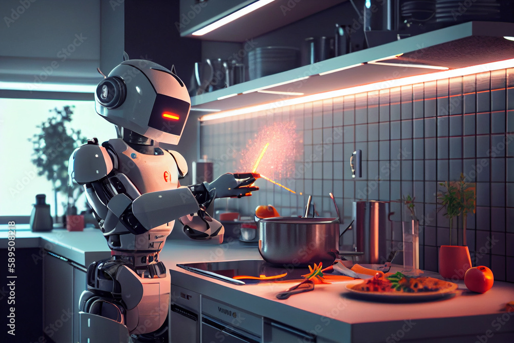 Chef robot cook prepares meals in the kitchen. Replacing human labor ...