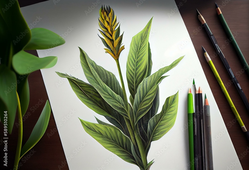 Drawing of a Broadleaf plantain (Plantago major) plant. Generative AI ...