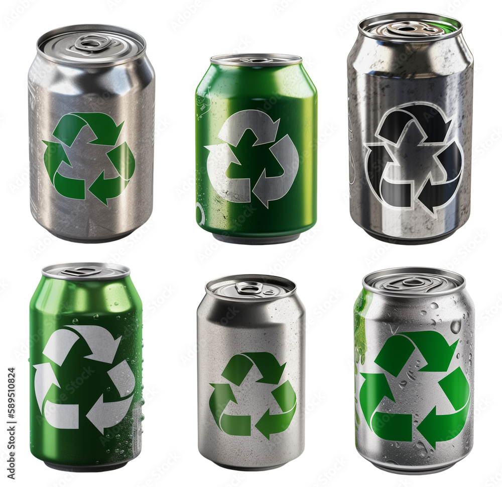 Collection of cans for soft drinks or beer with the recycle logo on a ...