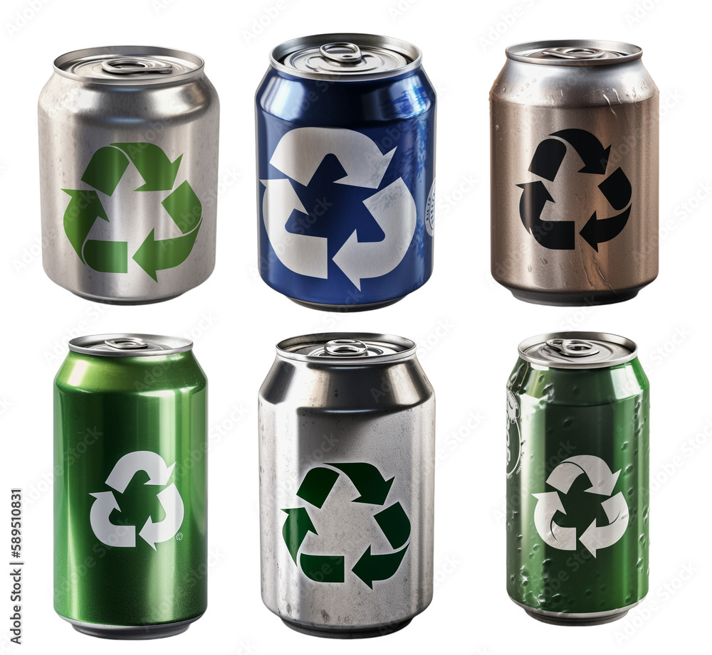 Collection of six cans for soft drinks or beer with the recycle logo on ...