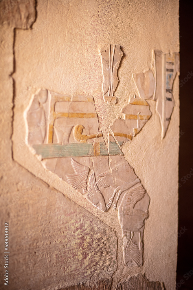 Beautiful mural, hieroglyphs inside the temple of Hatshepsut. Jeser ...