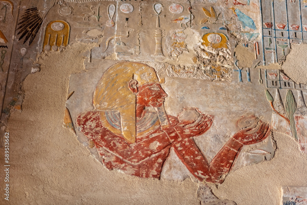 Beautiful mural, hieroglyphs inside the temple of Hatshepsut. Jeser ...