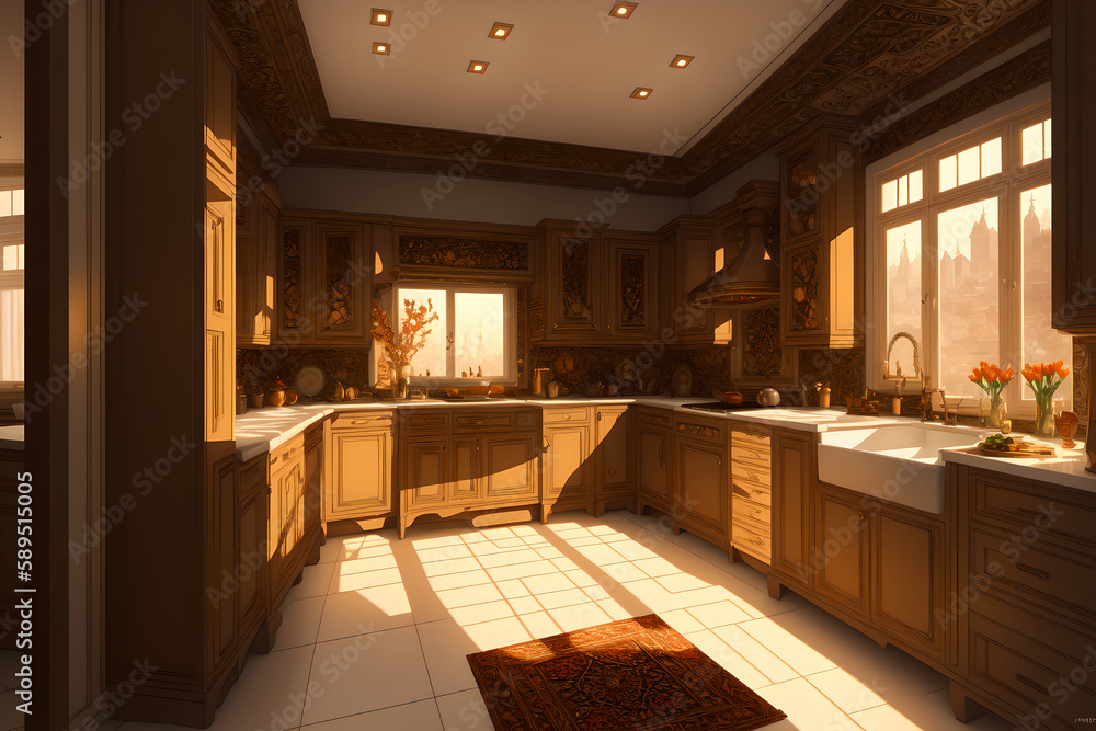 Luxurious kitchen interior in a modern royal palace, in light of sunset ...