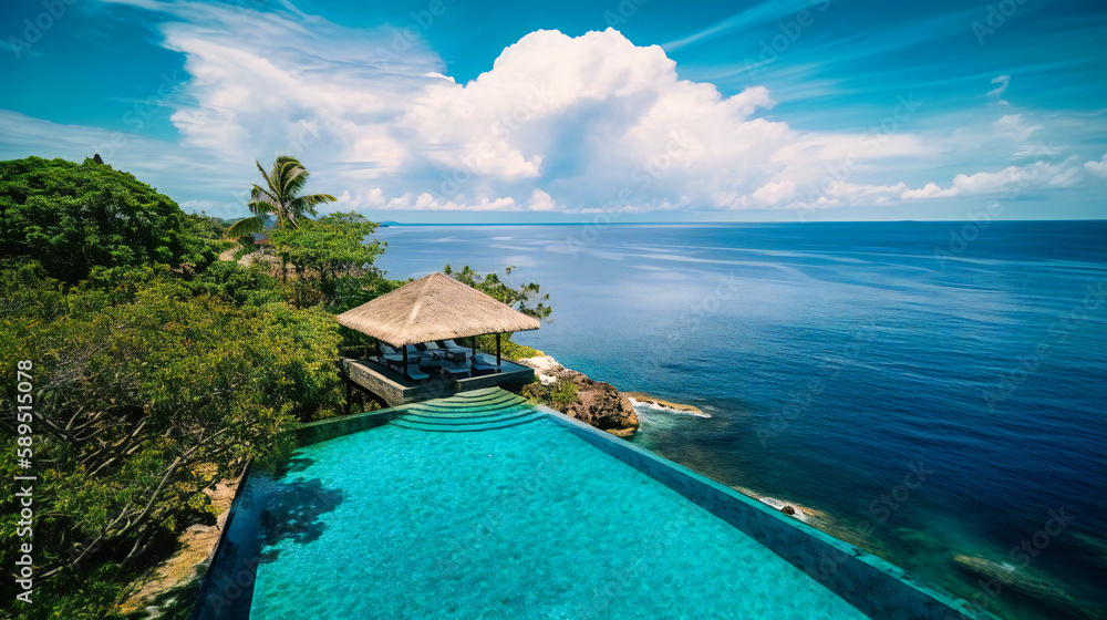 A mesmerizing image of a private island villa, featuring a breathtaking ...