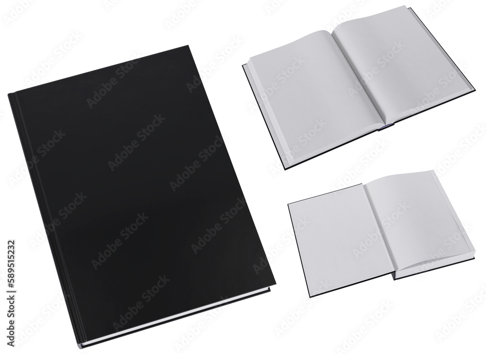 Set of three book mockups in blank, black gloss, hardcovers. Closed ...