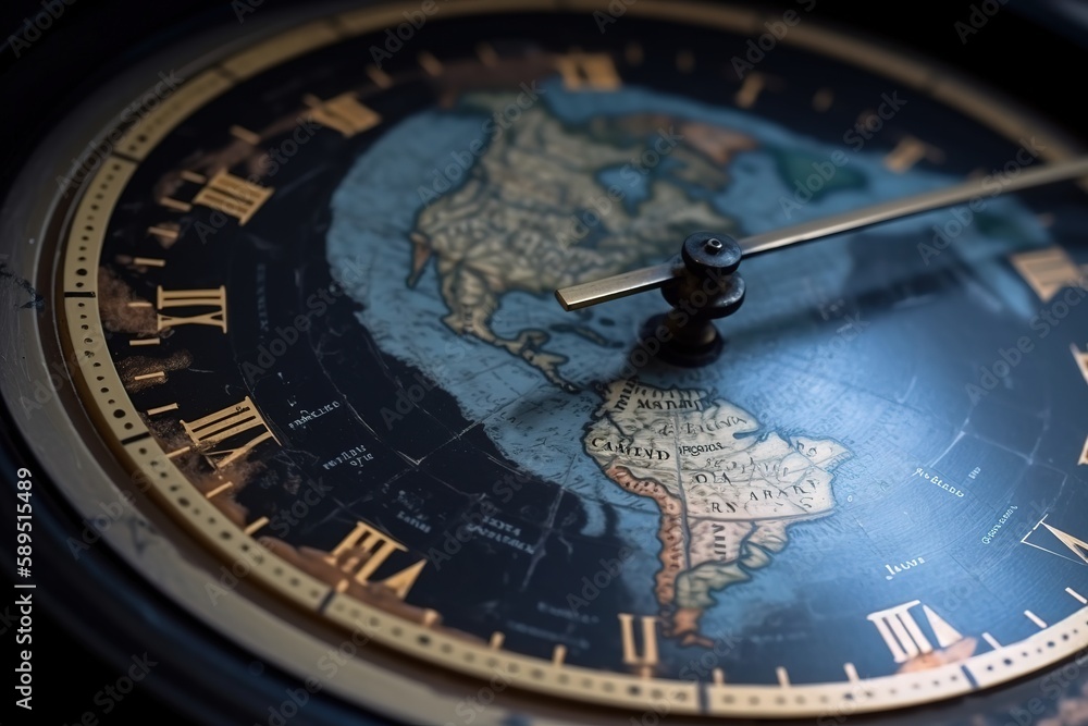 Close-up of the dial of a vintage watch with world map on the dial ...