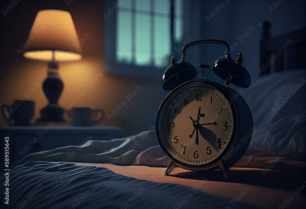 Alarm clock in a bedroom with mysterious light. Nightmare and ...