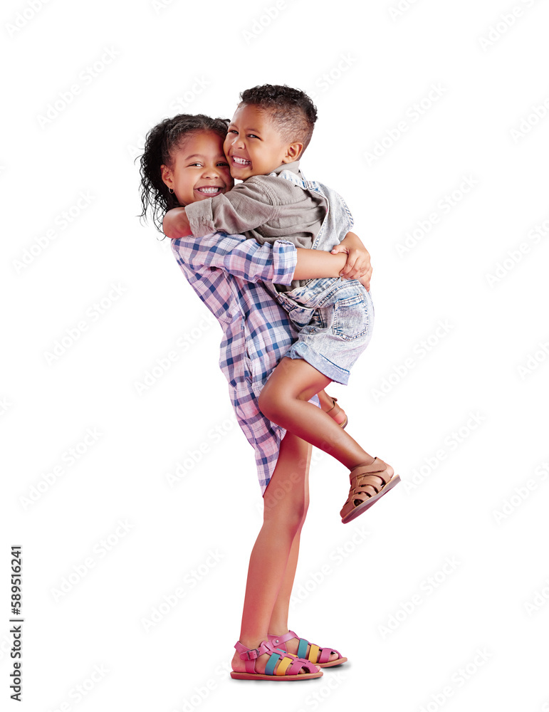 Girl hugs young brother, children pose for family portrait and big sister hug with smiles. Mixed ...