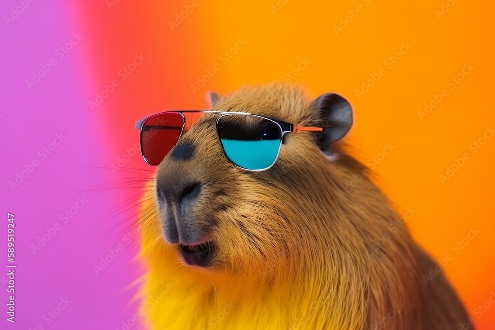 Cool Capybara with Mirror Sunglasses on Orange and Pink Background ...