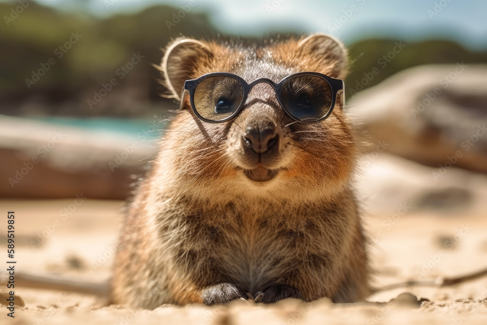 Portrait of cute quokka smiling with sunglasses on a sunny beach during ...