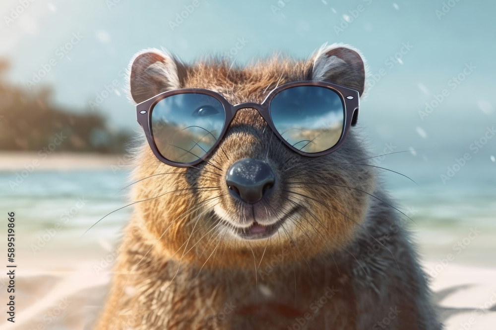 Portrait of cute quokka smiling with sunglasses on a sunny beach during ...