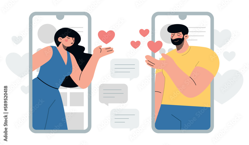 Social media chat with conversation between girl and boy. Two screens ...