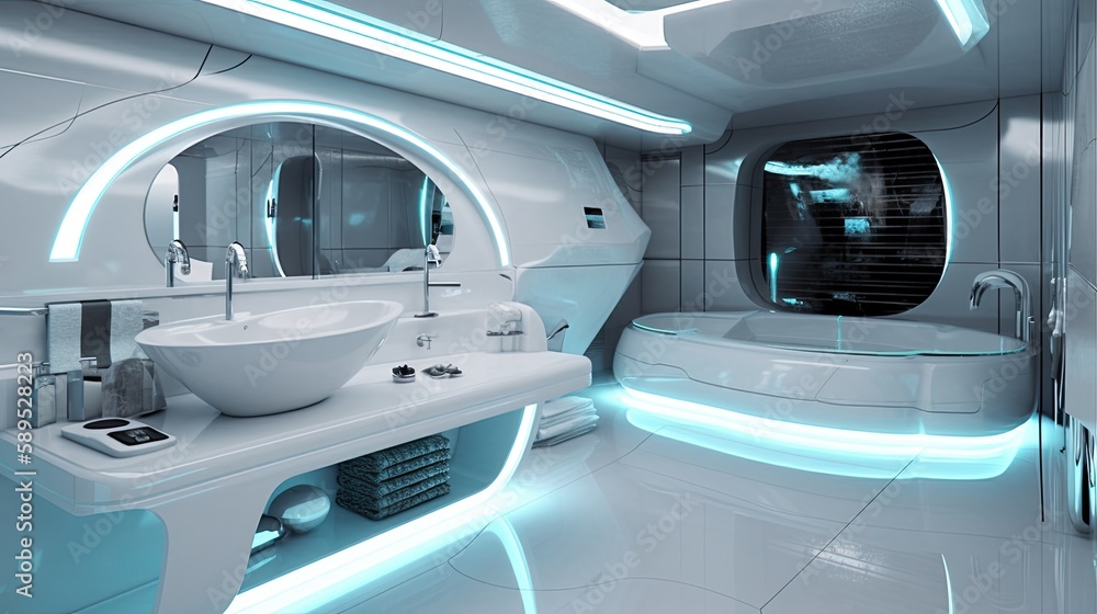 Futuristic white space ship bathroom interior design with white and ...