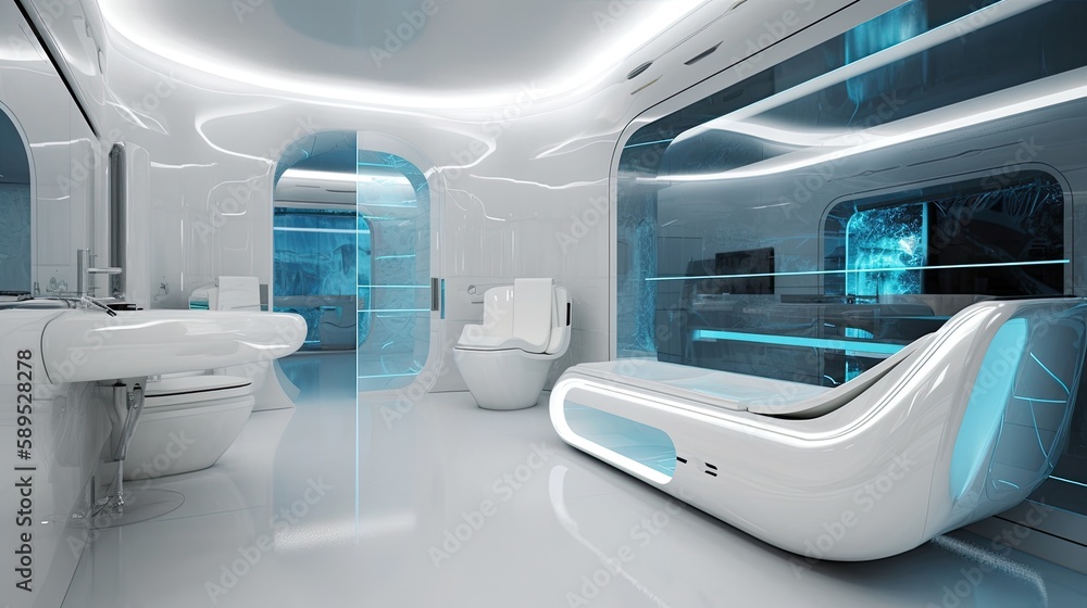 Futuristic white space ship bathroom interior design with glass walls ...