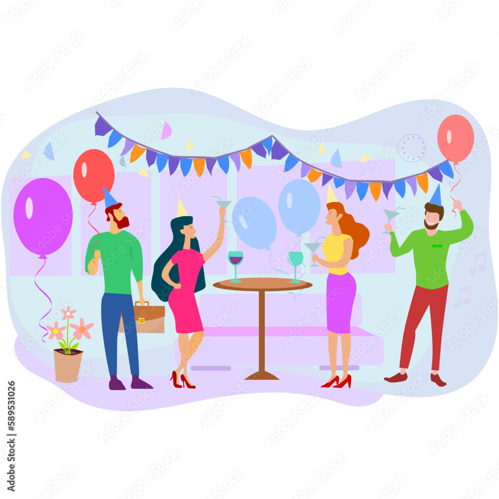 Happy people having fun at office party. Excited office girls and guys ...