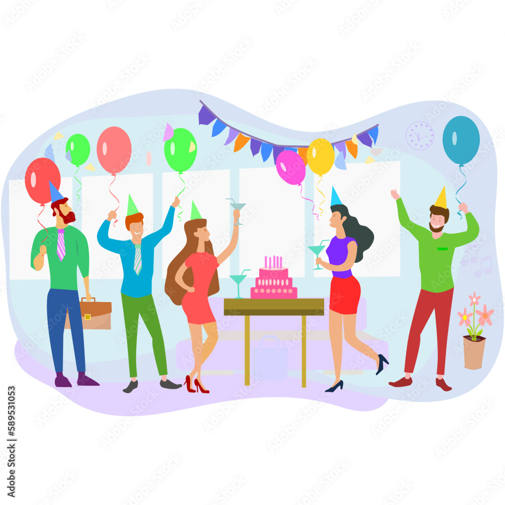 Happy people having fun at office party. Excited office girls and guys ...